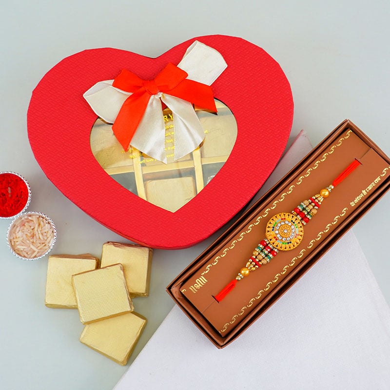 Golden Rakhi with Heart Shaped Chocolate Box - OyeGifts
